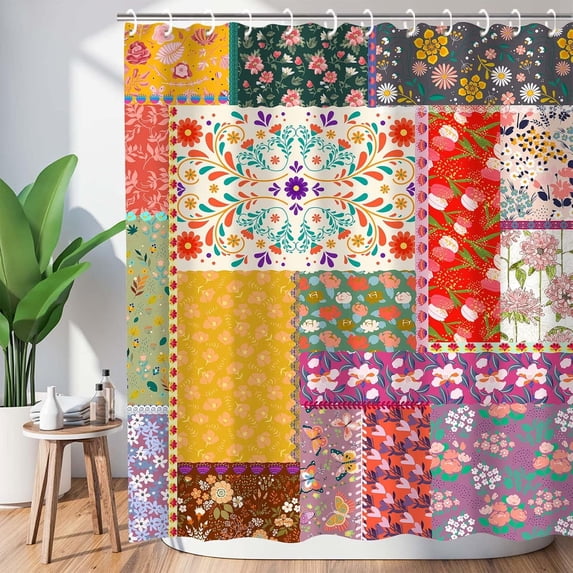 84 Inch Long Boho Shower Curtain Sets Stitching Floral Shower Curtain ...