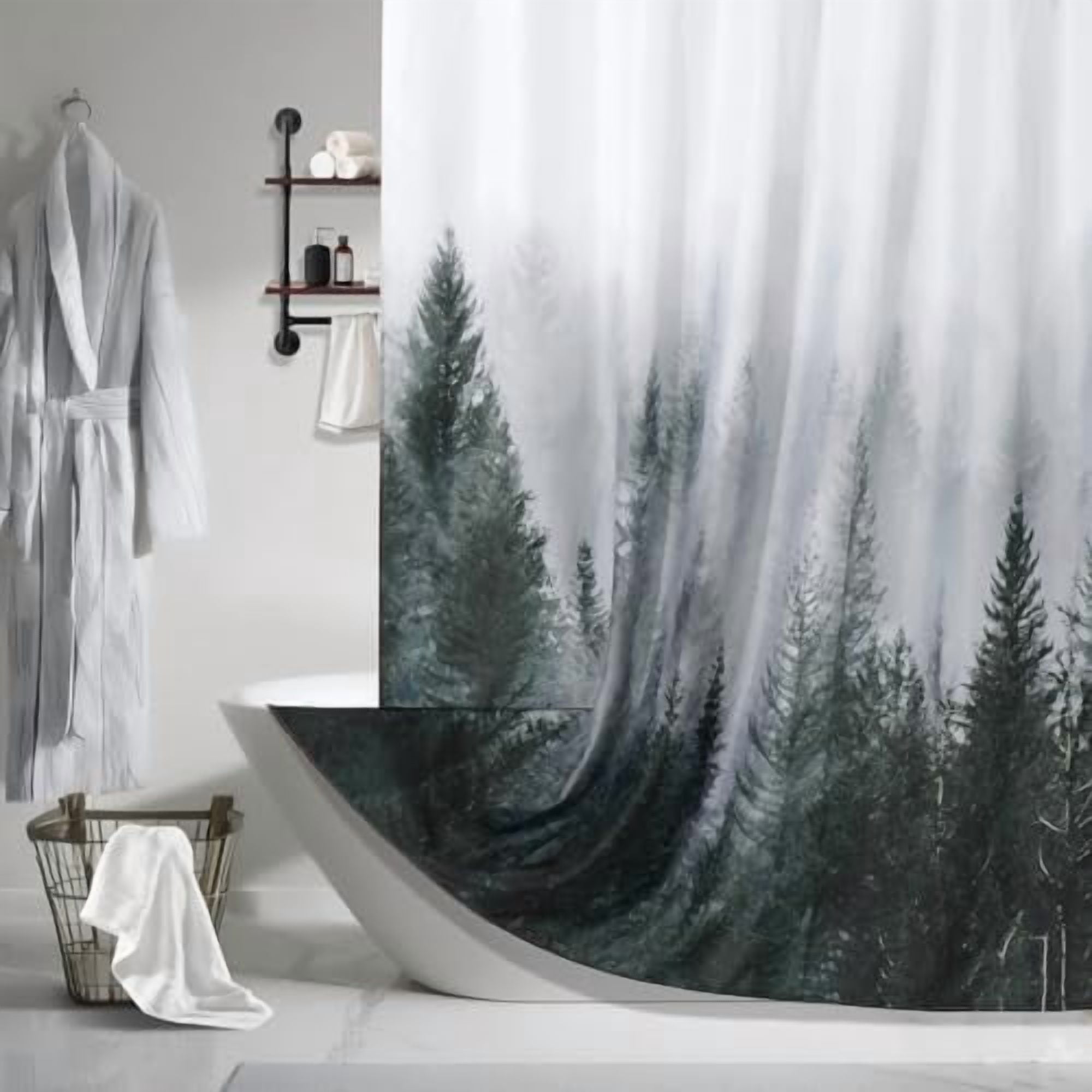 84 Inch Long Dark Green Misty Forest Shower Curtain for Bathroom ...