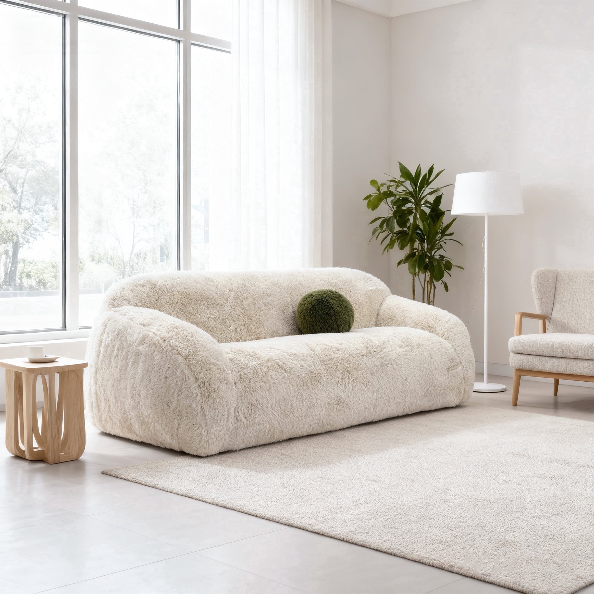 84 Inch Modern Faux Fur Sofa with Ball Pillow, Beige Cream Luxury Cloud ...