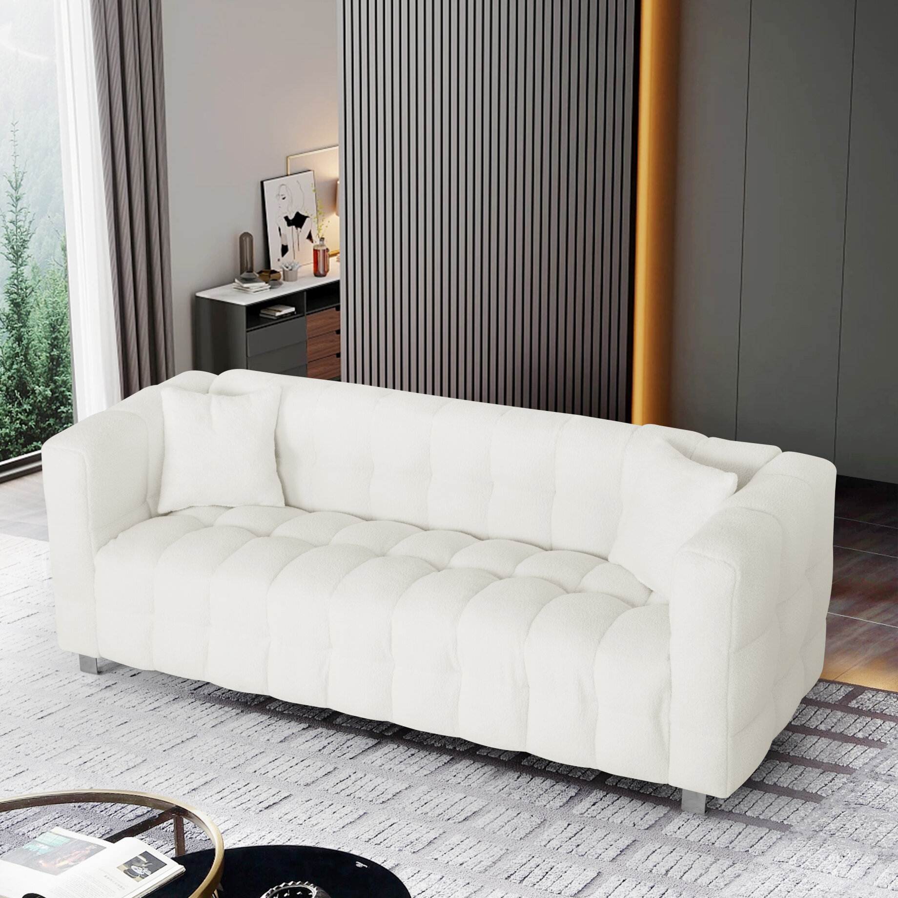 84 Inch Sofa Couch, Modern Teddy Fleece Sleeper Sofa with 2 Throw ...