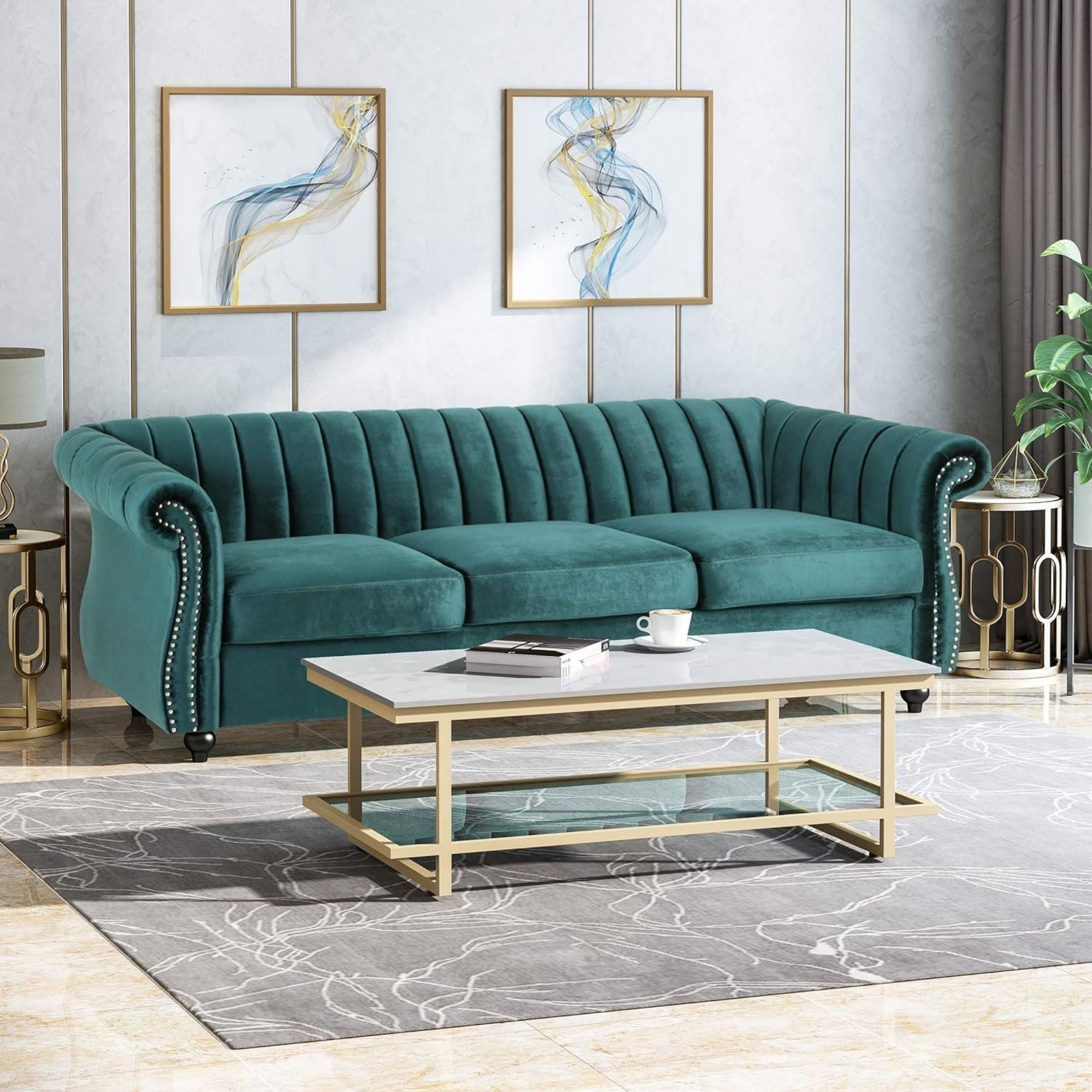 84-Inch Teal 3-Seater Velvet Sofa – Button Tufted with Nailhead Trim ...