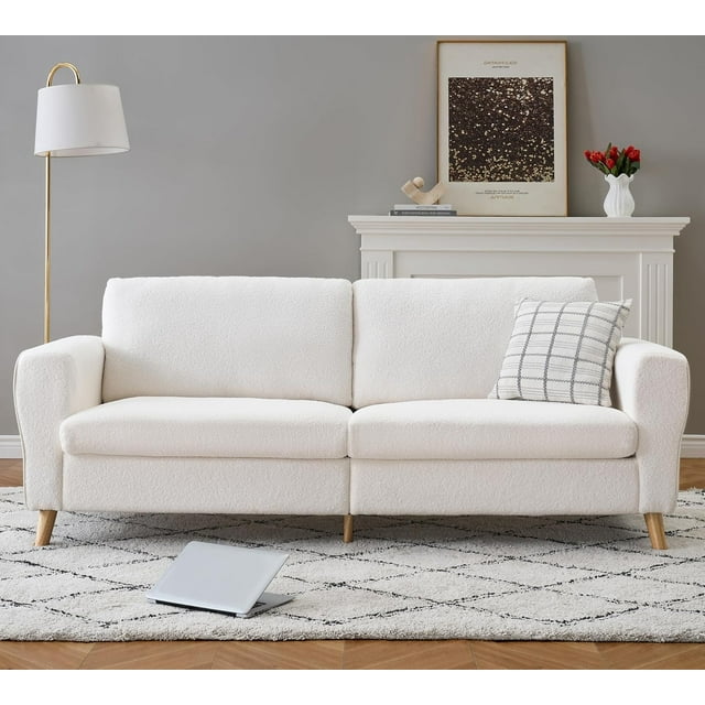 84-Inch White Bouclé Loveseat Sofa, Modern Couch with Streamlined ...