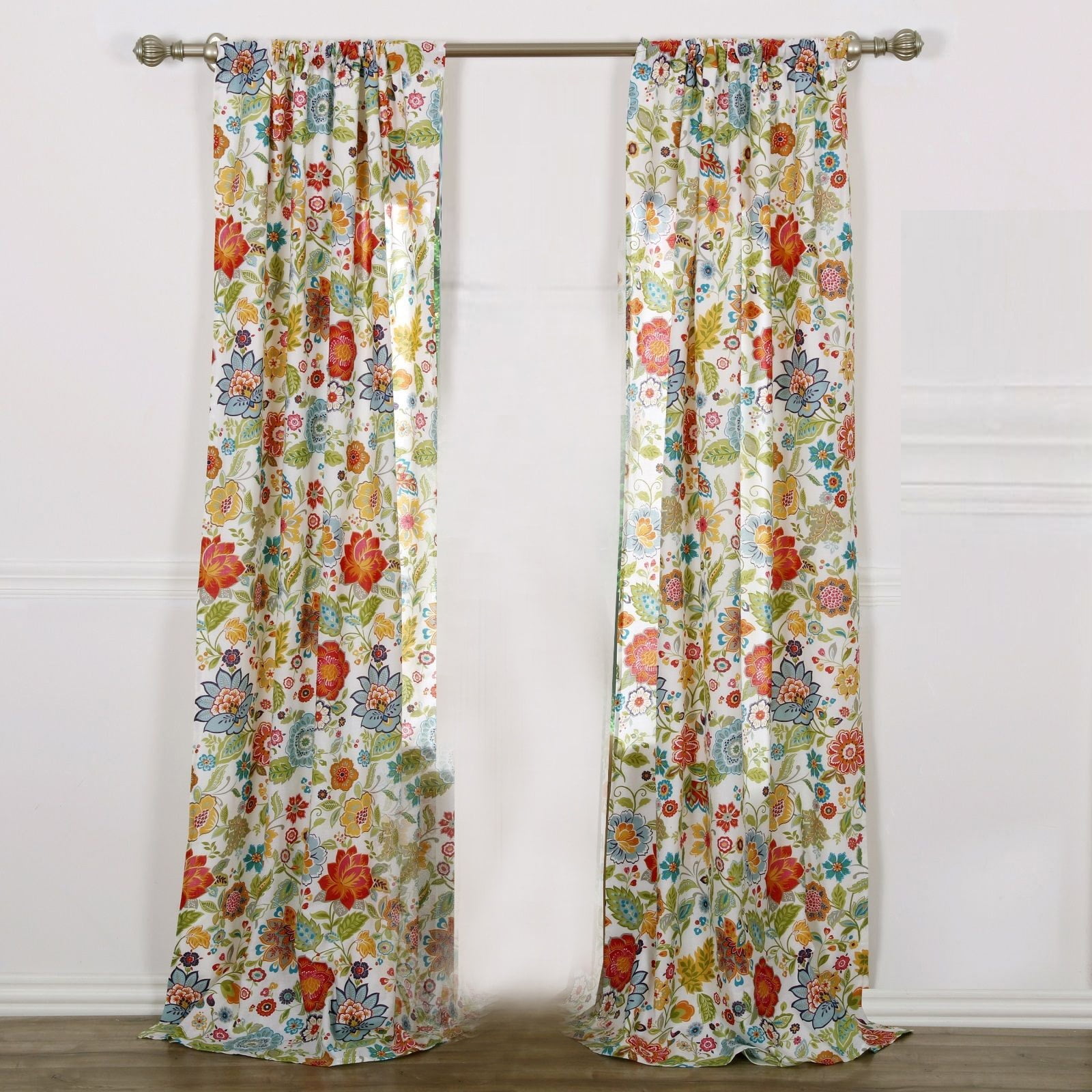 84 Inch Window Two Panel Curtain, Red and Blue Flowers, Polyester, Back ...