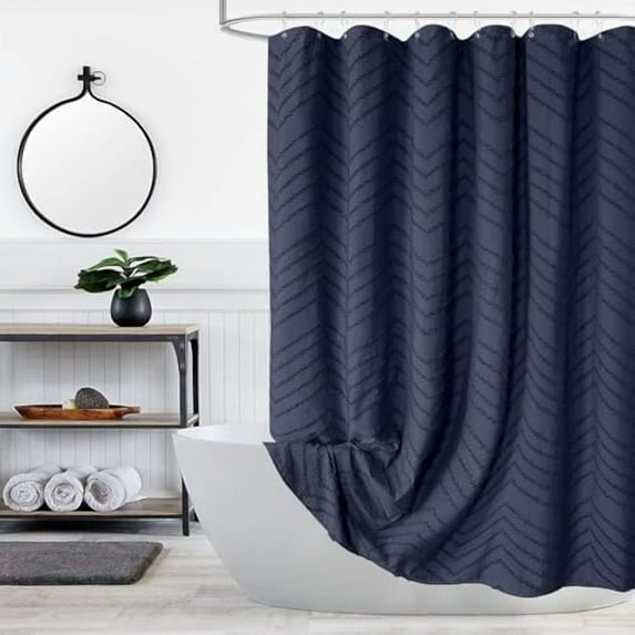 84 Inches Long Boho Tufted Chevron Striped Fabric Shower Curtain Navy ...