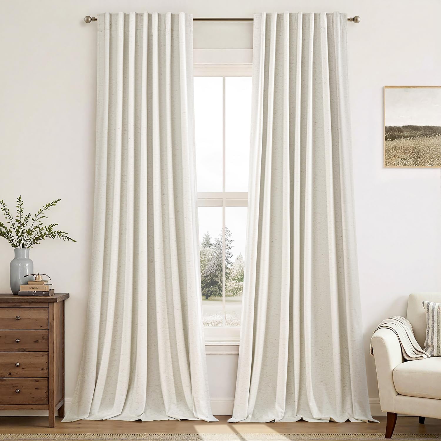 84" Ivory Cream Linen Blackout Curtains (2 Panels) | Farmhouse Thermal ...