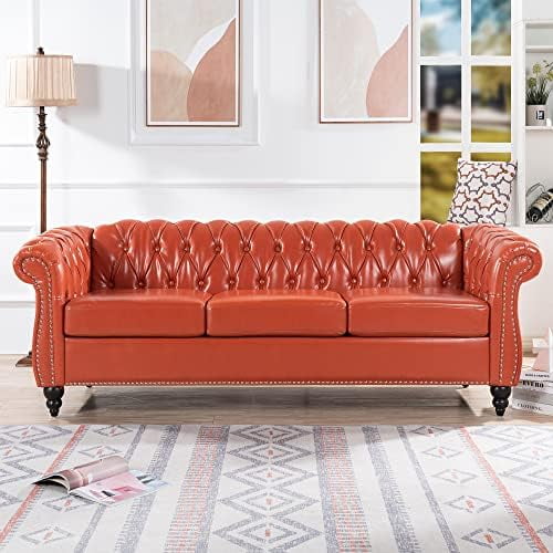 84" Leather Chesterfield Sofas for Living Room, Rolled Arm 3-Seater ...