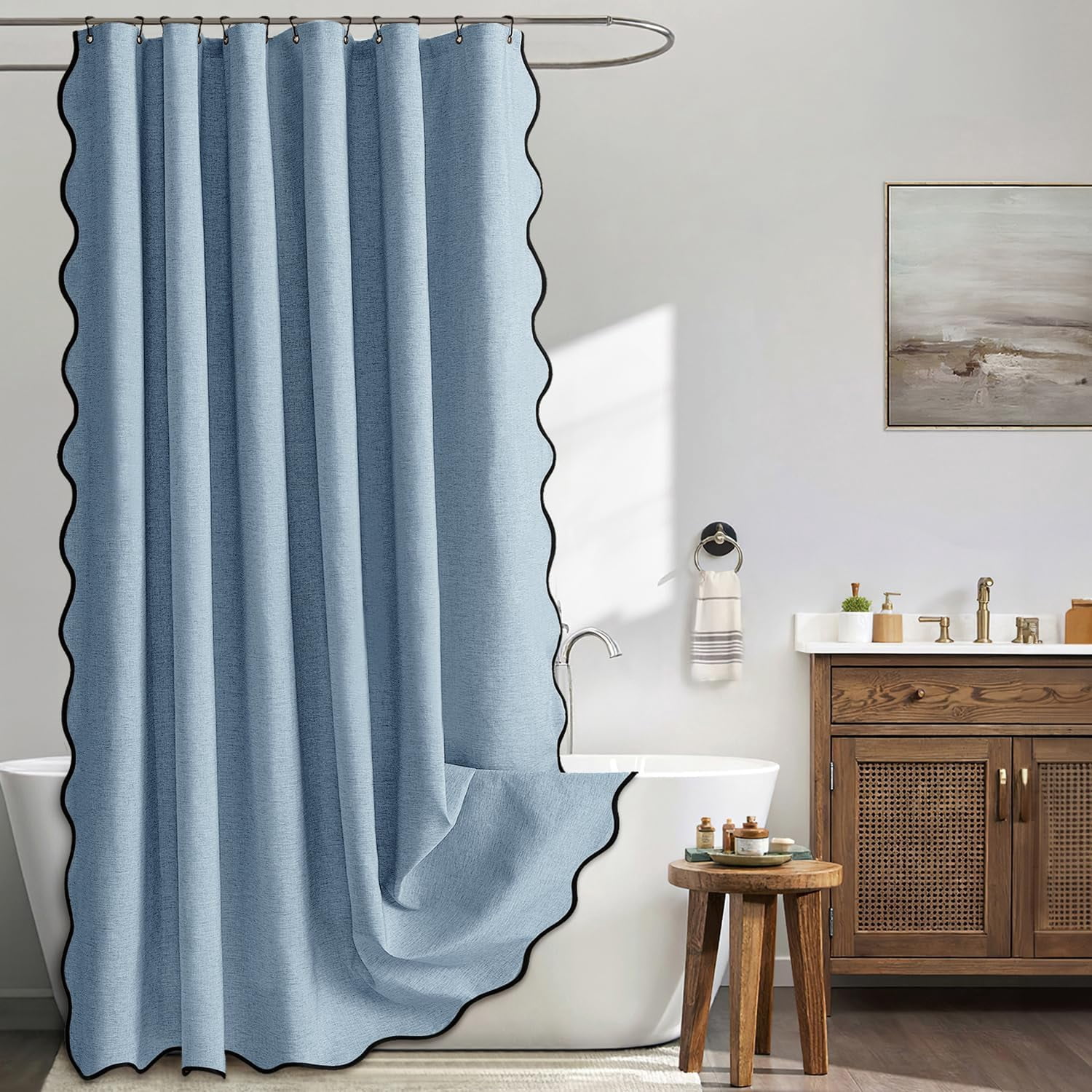 84" Long Scalloped Linen Textured Shower Curtain with 12 Metal Hooks ...