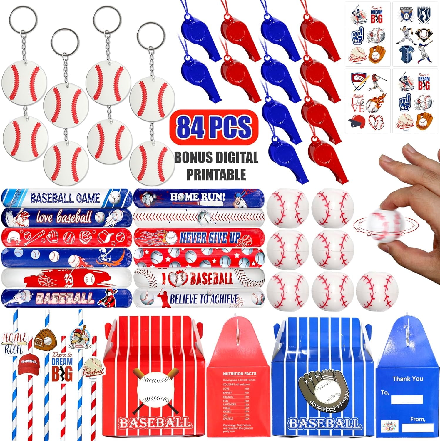 84 Pcs Baseball Party Favors - 12 Set Treat Box Keychains Baseball ...