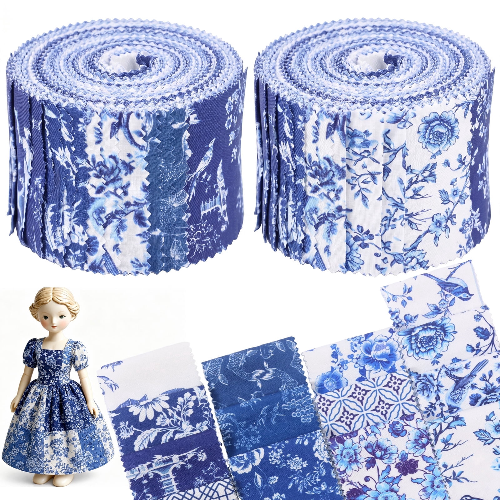 84 Pcs Blue White Floral Polyester Cotton Fabric Quilting Bundle ...