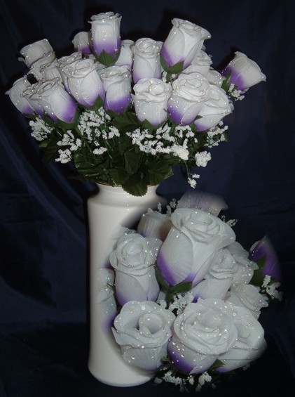 84 Purple / White Silk Rose Flowers w/Raindrops - Wedding Flowers ...