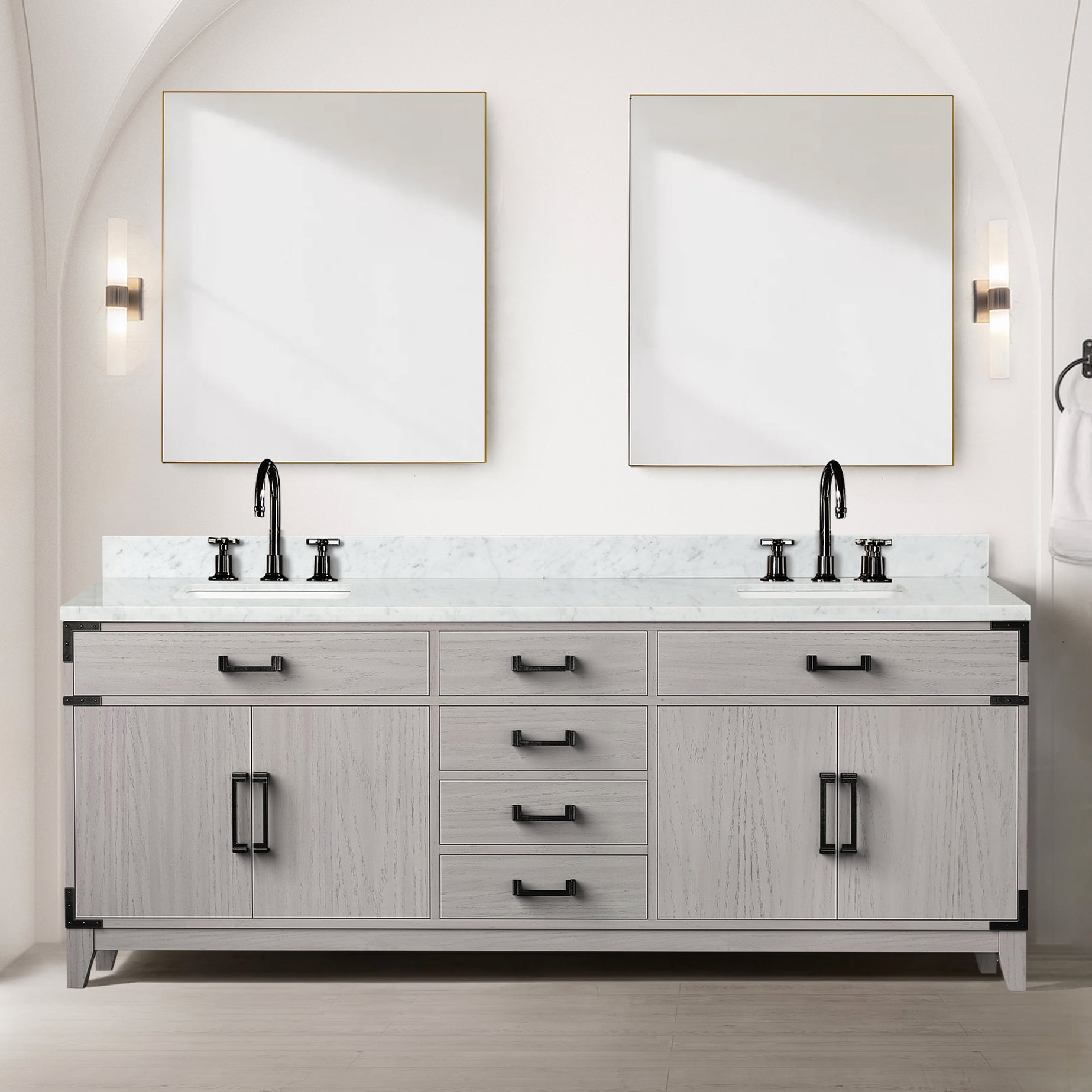 84" W White Oak Double Bath Vanity - Marble Countertop & 36 In. Mirrors ...
