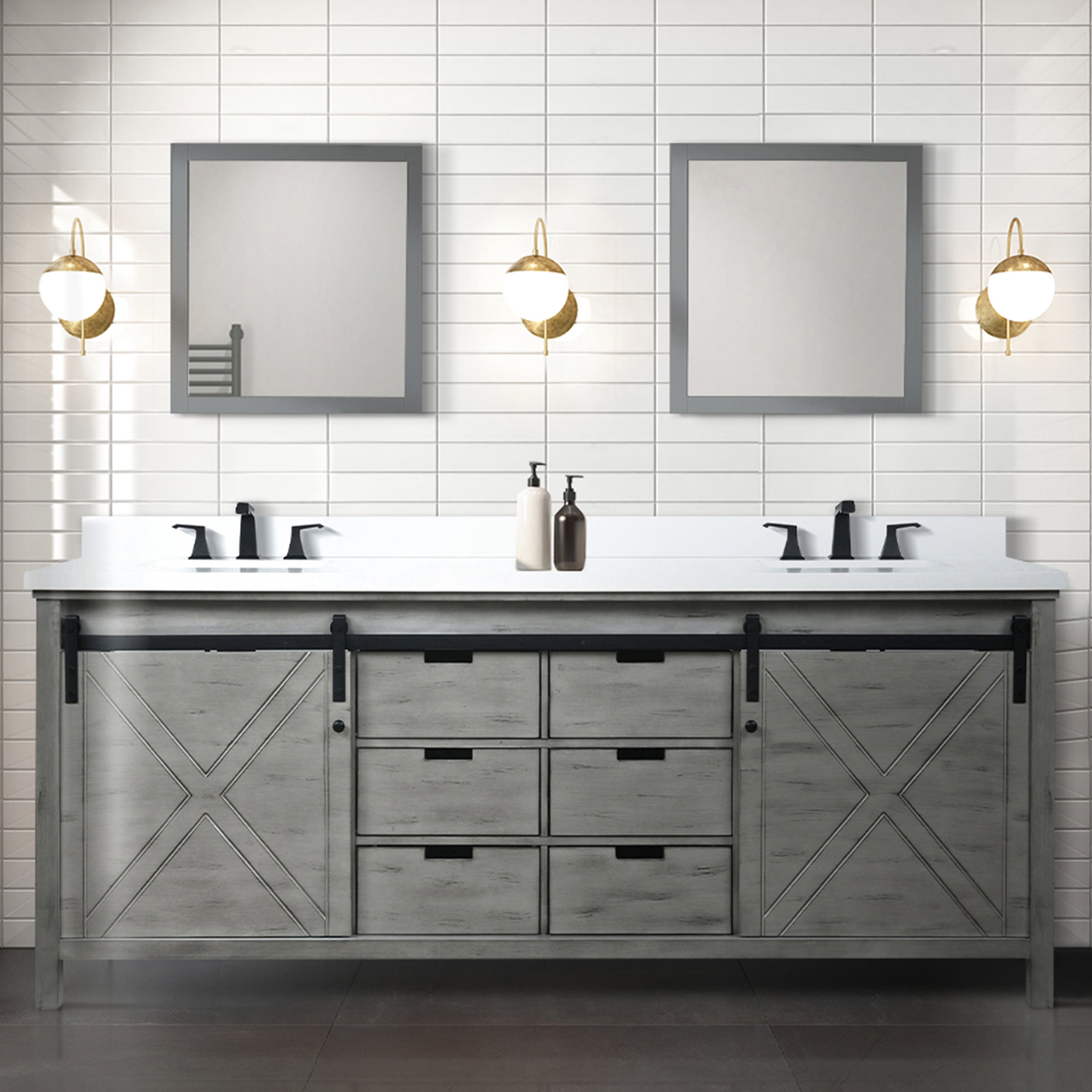 84" W X 22" D Ash Grey Bath Vanity & Mirrors - Two Interior Cabinets ...