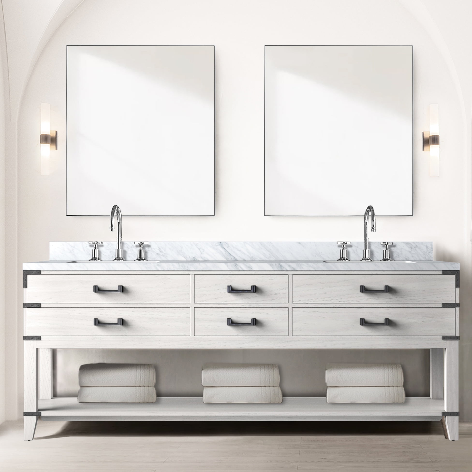 84" W X 22" D White Oak Bath Vanity With Marble Top And 36" Mirrors ...