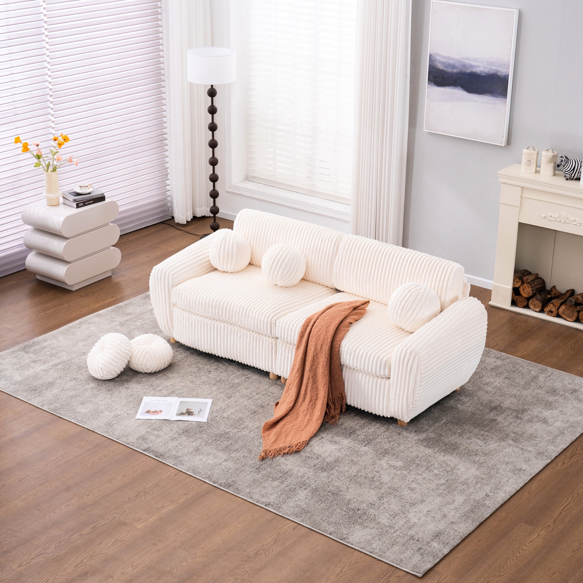 84" White Corduroy Love Seat Couch - Comfortable & Cozy Solid Wood ...