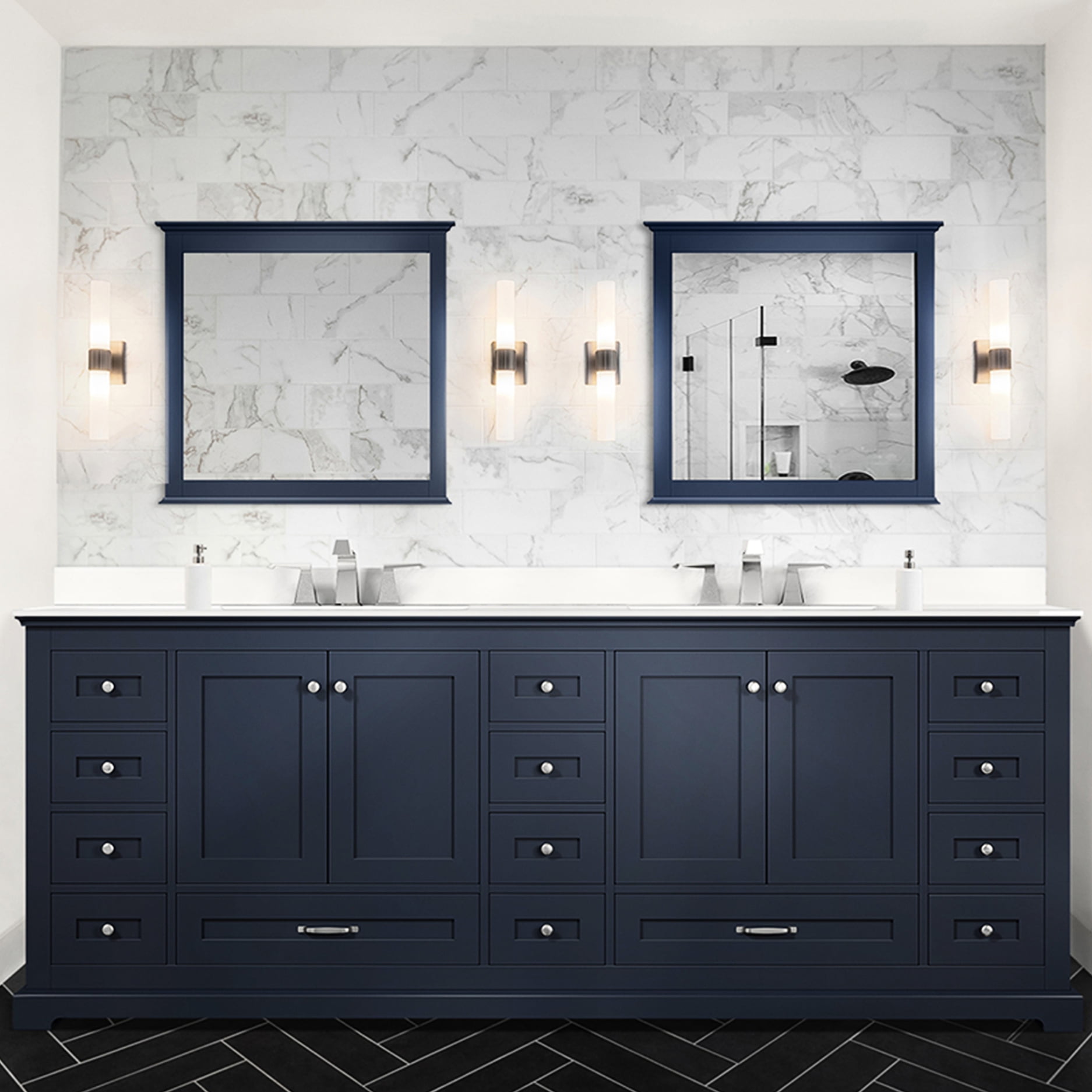 84" X 22" Navy Blue Double Bath Vanity, White Quartz Countertop, Faucet ...