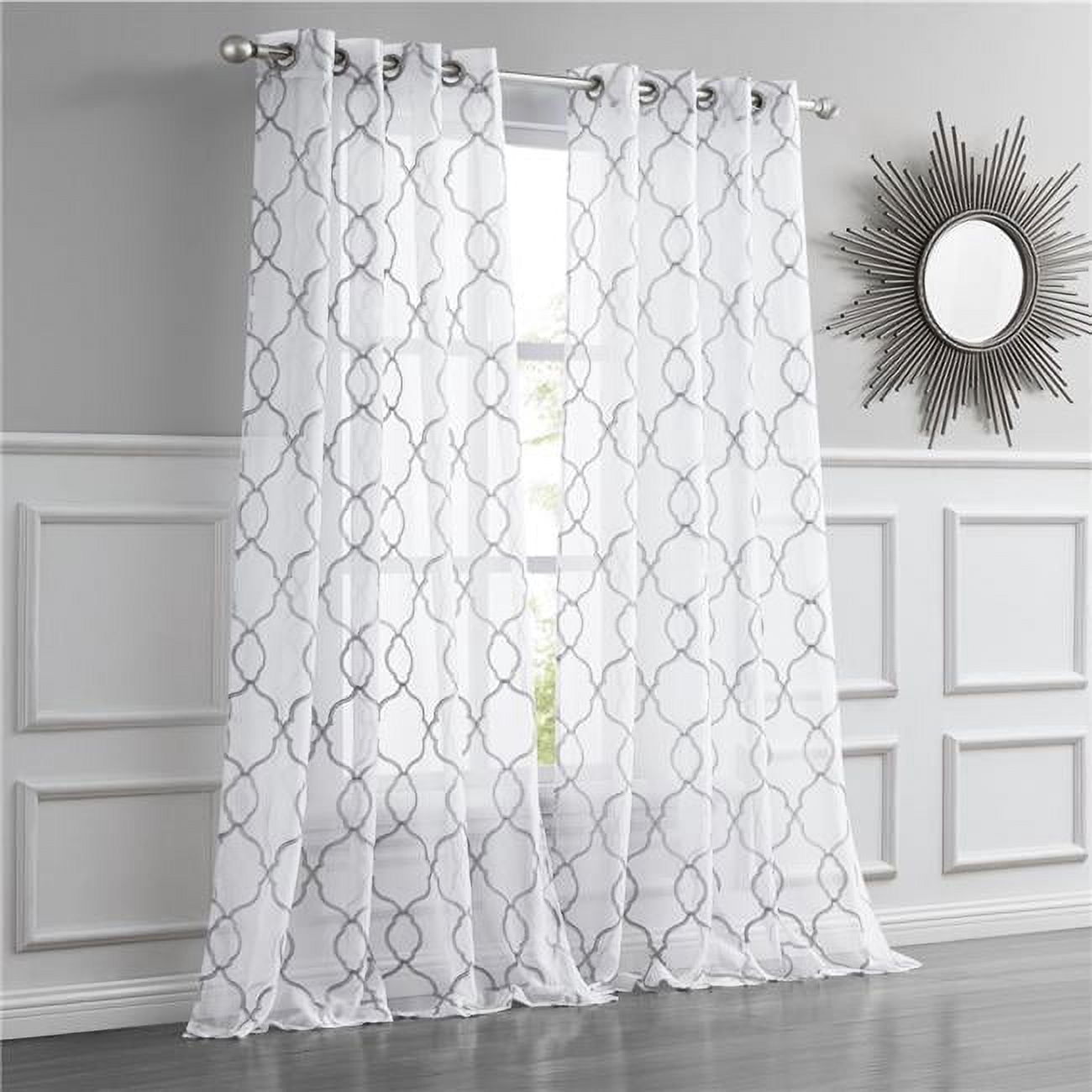 84 in. Silver Trellis Pattern Embroidered Window Curtain Panel ...
