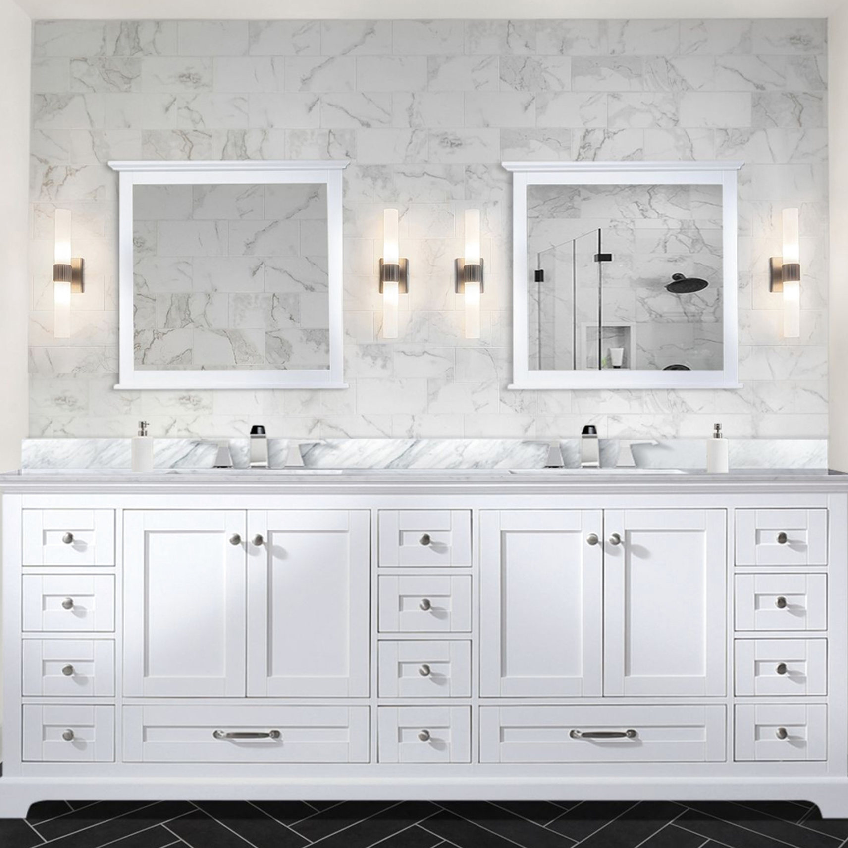 84 in. W Double White Bath Vanity with Carrara Marble / Ample Storage ...