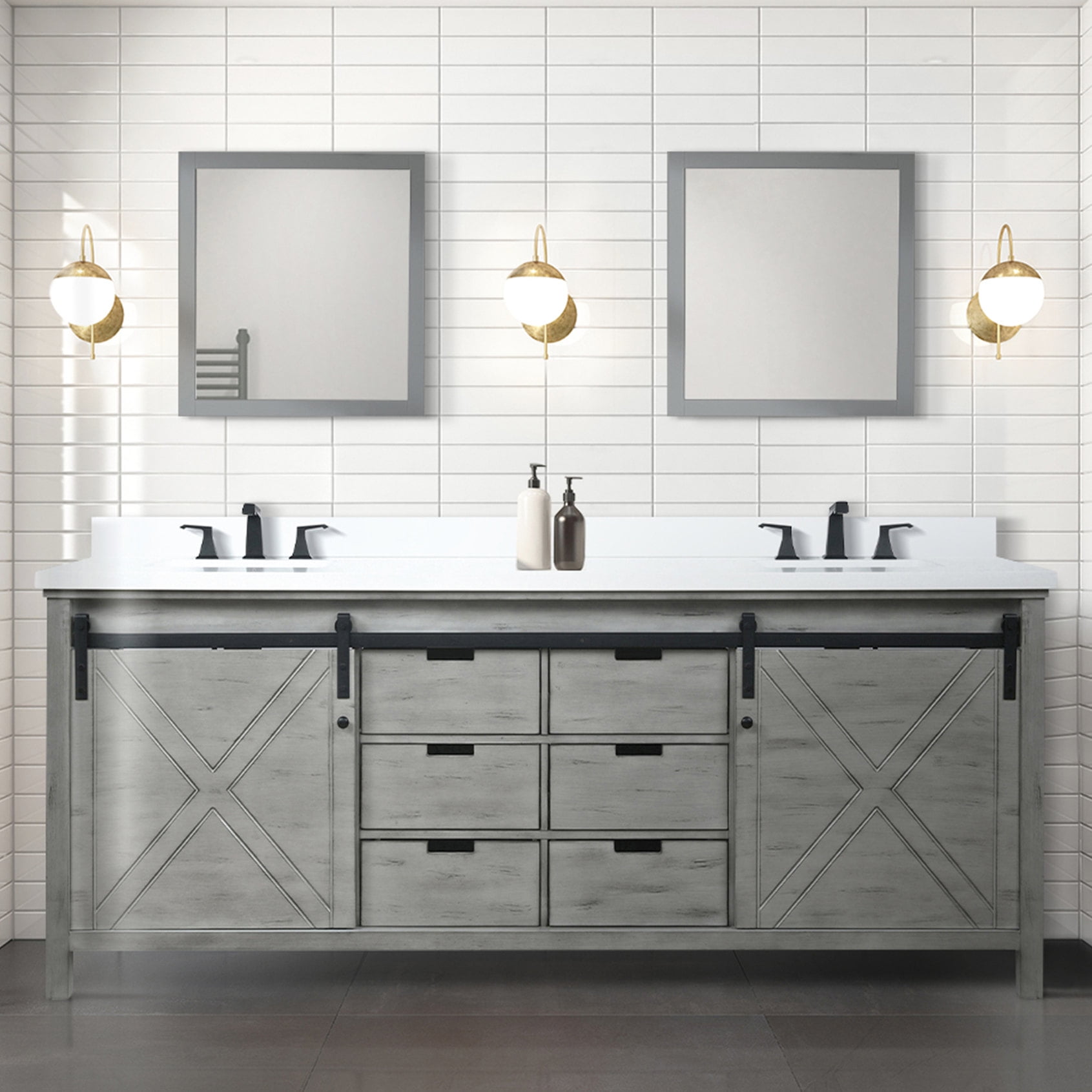 84 in. Wide Ash Grey Double Vanity, Quartz Countertop Included / Soft ...