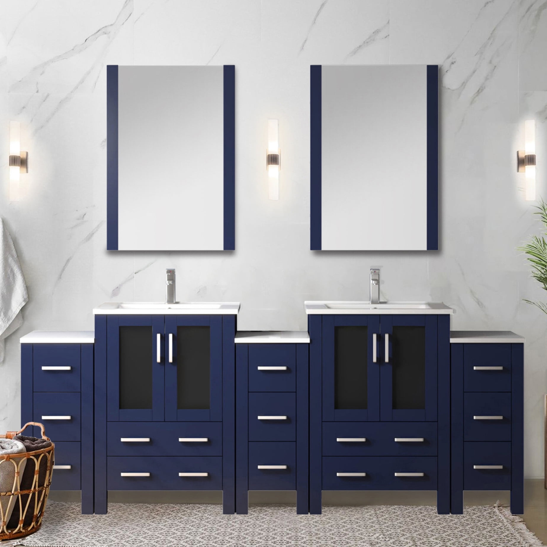 84 in. Wide Navy Blue Double Vanity, White Ceramic Top / Two Cabinets ...