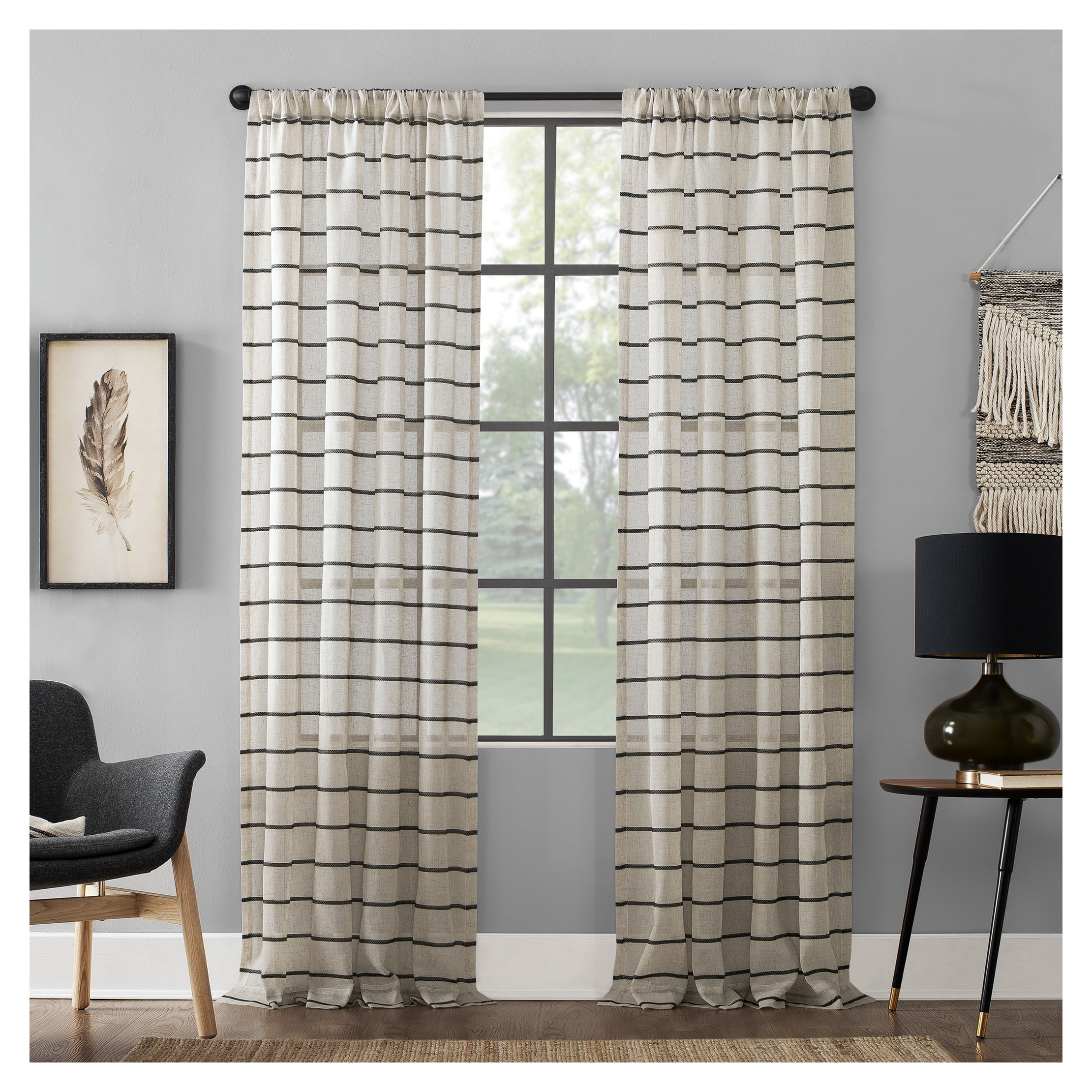 84"x52" Twill Stripe AntiDust Curtain Panel Black/Linen: Modern Light ...
