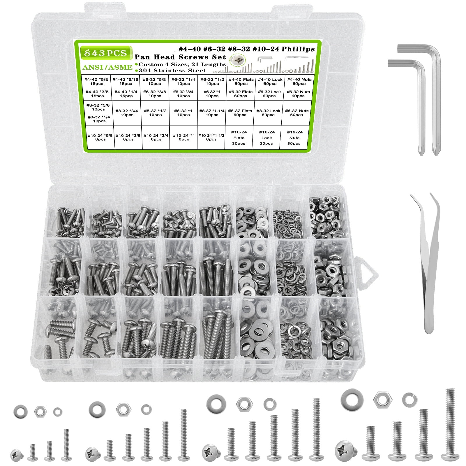 843Pcs #4-40#6-32#8-32#10-24 Nuts and Bolts Assortment Kit Phillips Pan Head Machine Screws ...