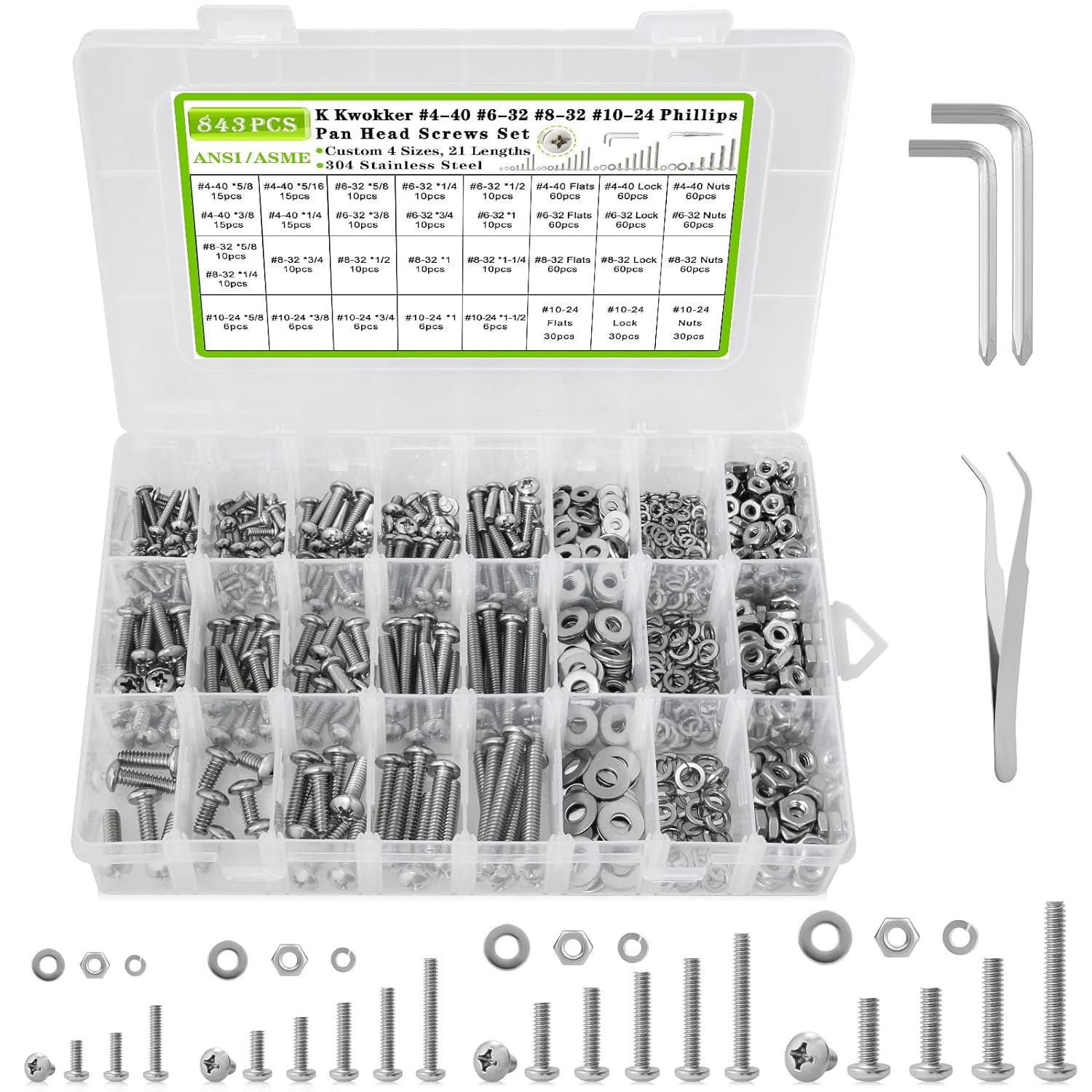 843Pcs #4-40#6-32#8-32#10-24 Nuts and Bolts Assortment Kit Phillips Pan Head Machine Screws ...
