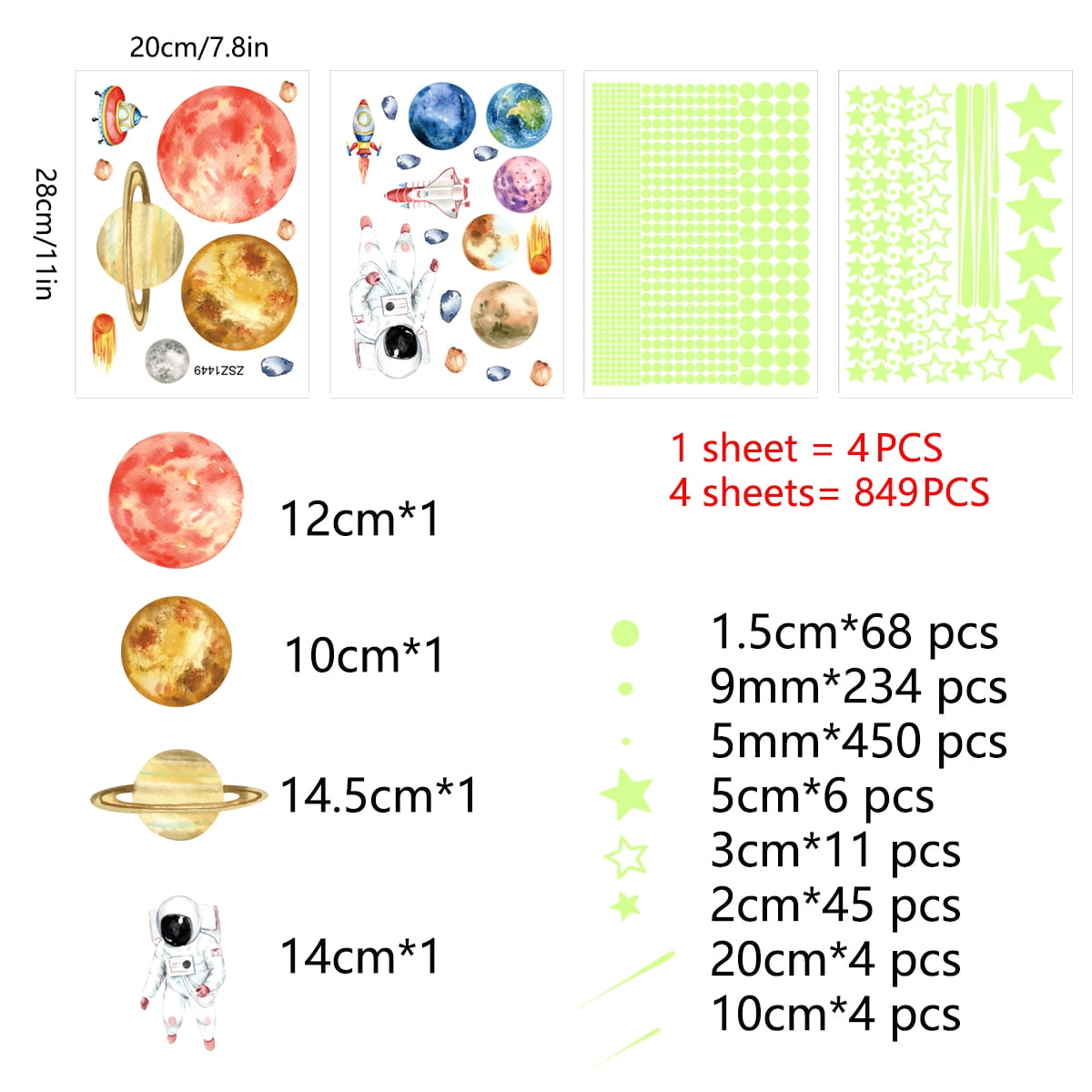 849Pcs Glow in The Dark Stars Wall Stickers Glowing Stars for Ceiling ...