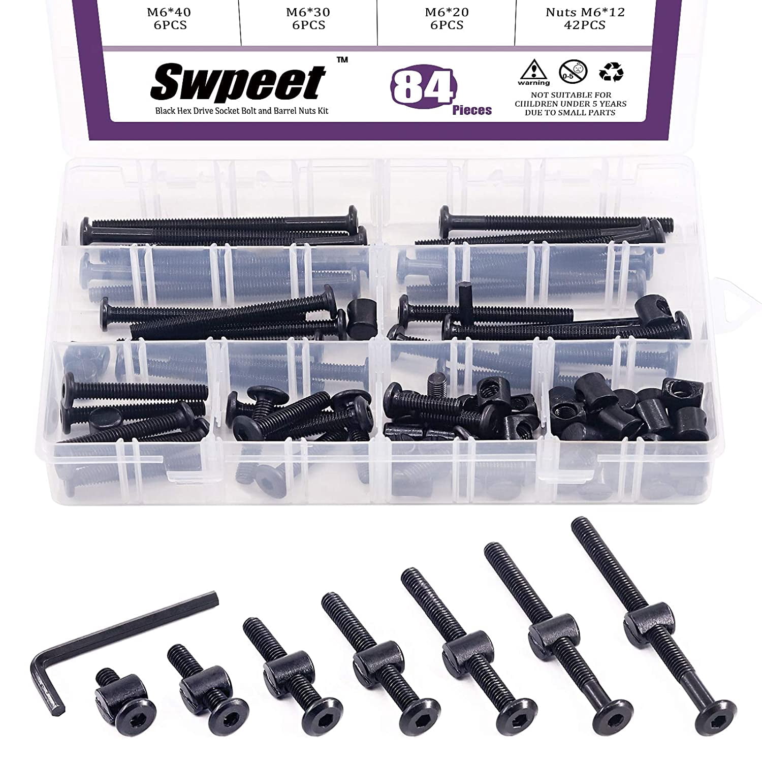 84Pcs Black M6 × 20/30/40/50/60/70/80mm Crib Hardware Screws Kit, Hex ...