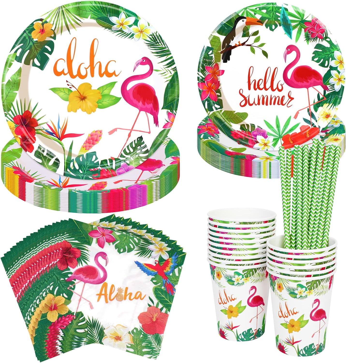 84Pcs Luau Tableware Set Serve 16, Hawaiian Party Supplies with Plates ...