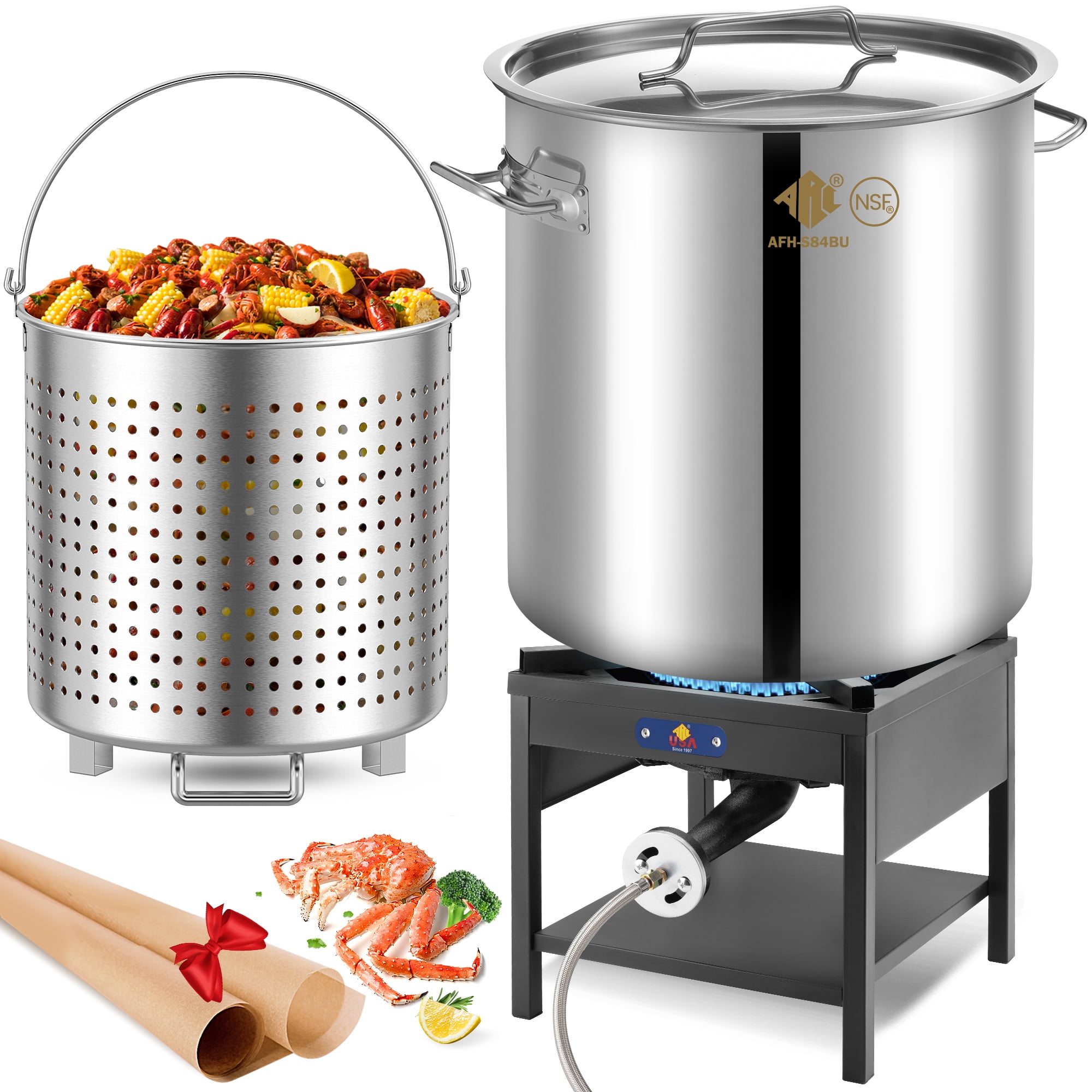 84QT Stainless Steel Seafood Boiling Kit with Strainer and 200,000BTU ...