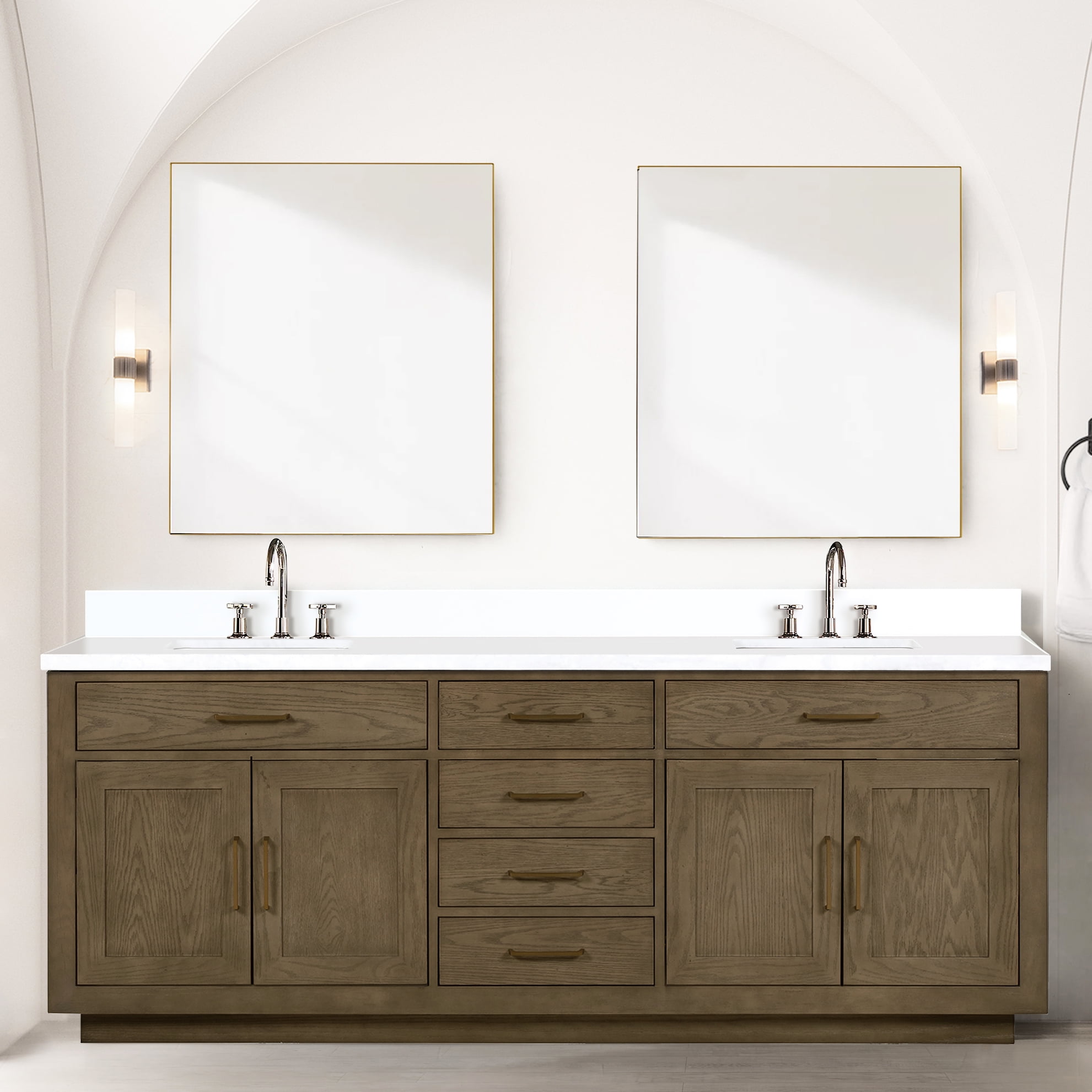 84in W Double Bath Vanity Grey Oak With Quartz Top & 36in Mirrors ...