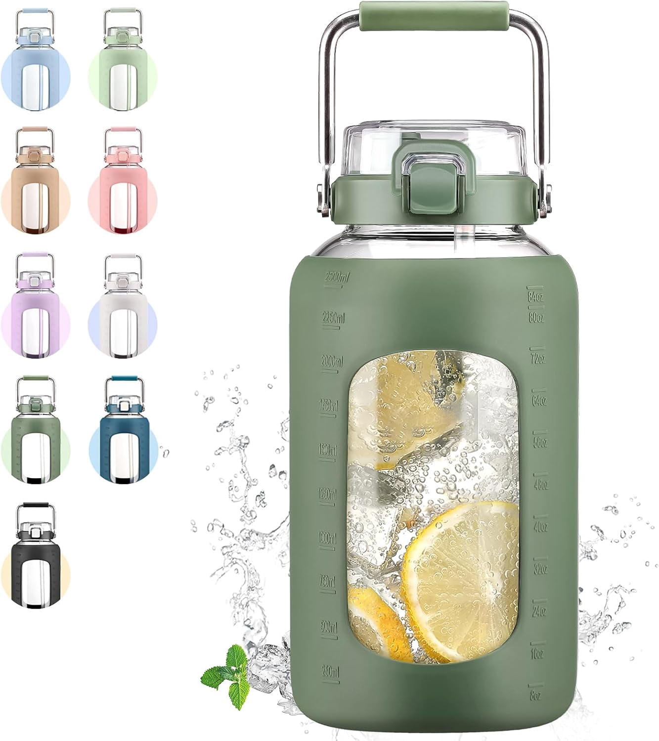 84oz Glass Water Bottle with Stainless Steel Handle,2.5L Gallon Water ...