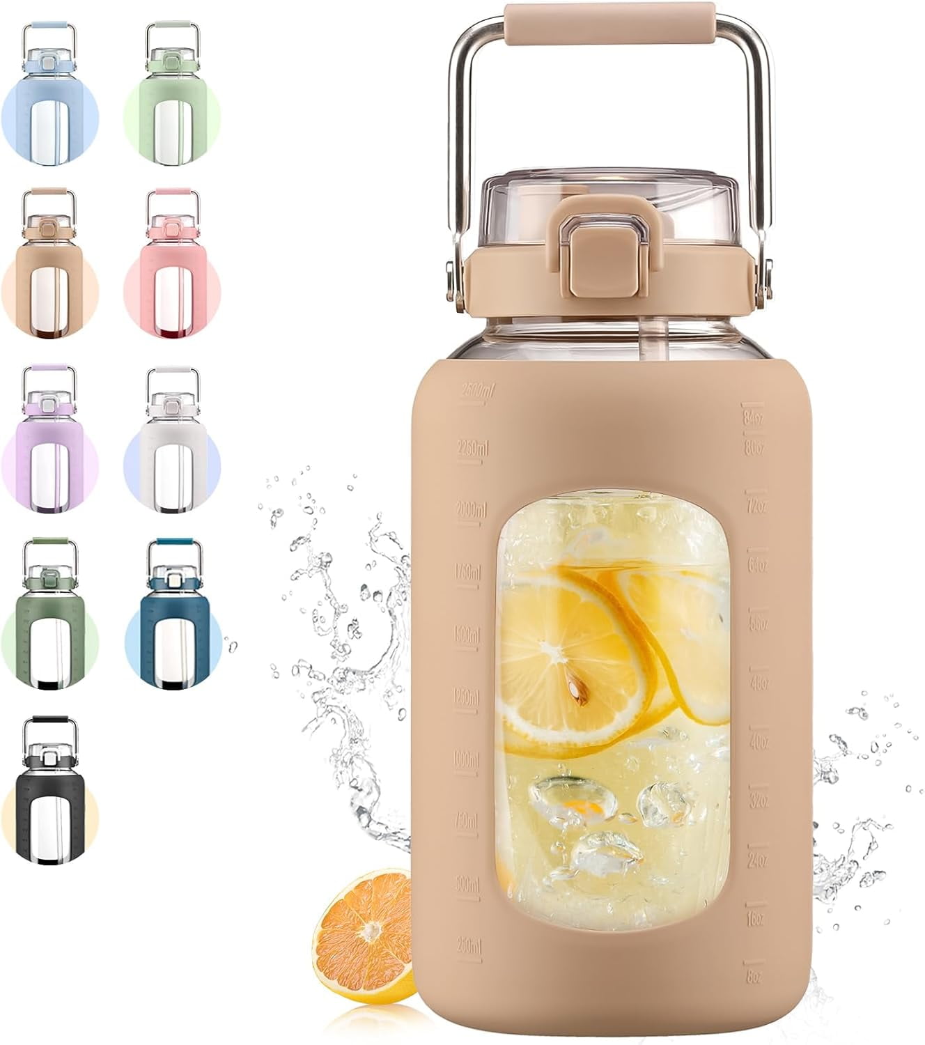 84oz Glass Water Bottle with Stainless Steel Handle,2.5L Gallon Water ...