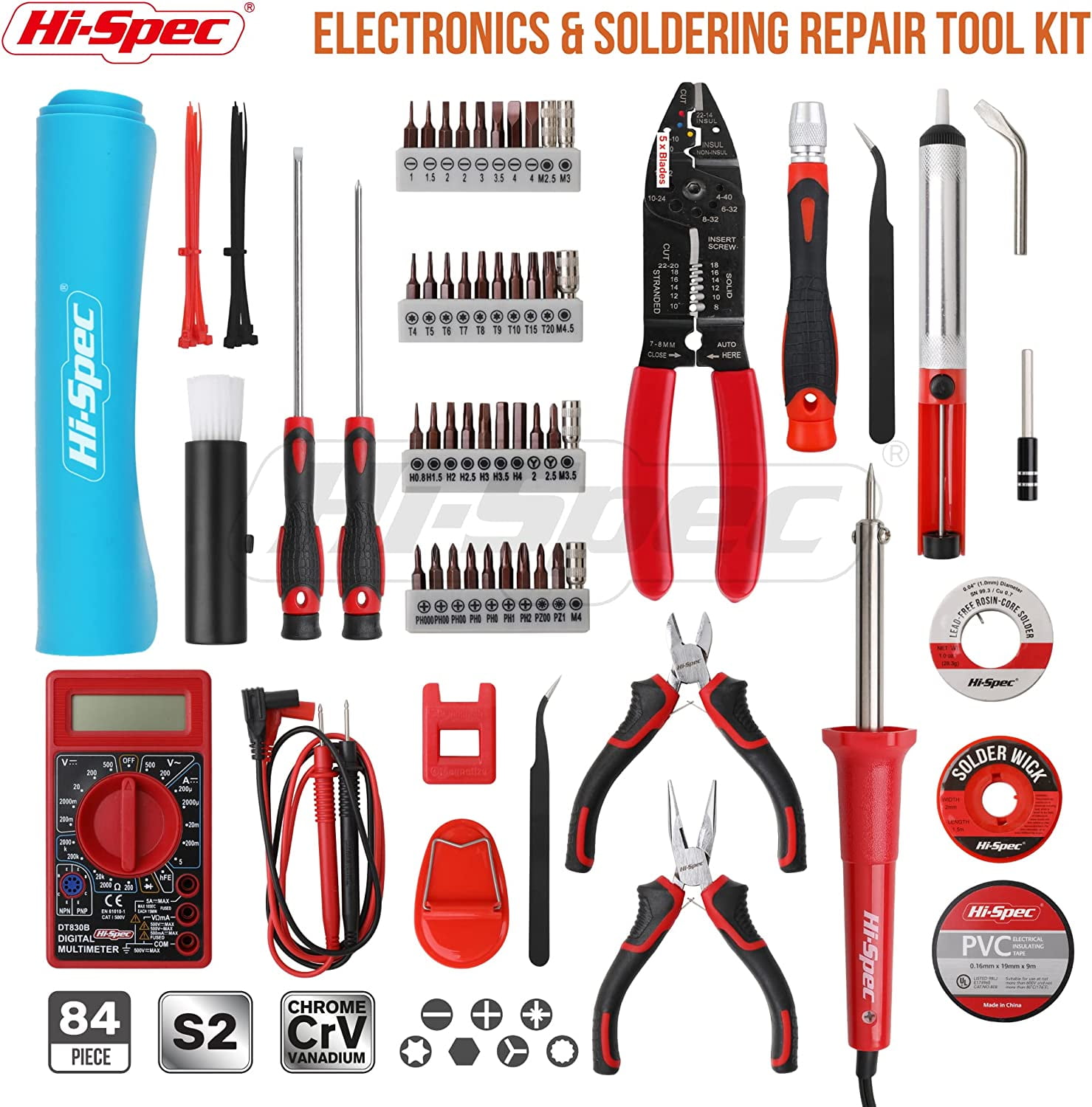 84pc Electronics & Solder Iron Kit. Multimeter and Tools for Electrical ...