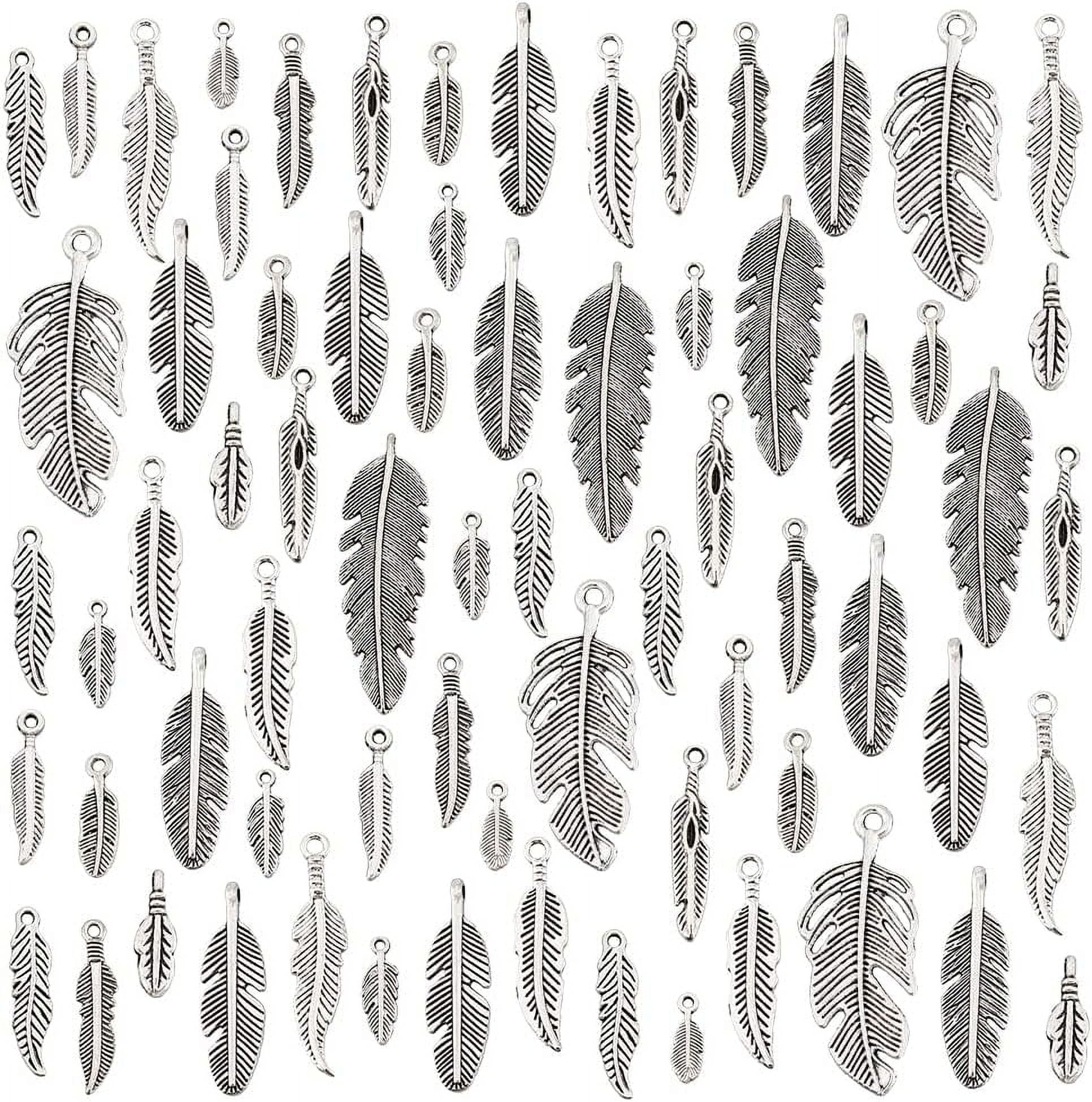 84pcs 14 Styles Feather Charms Pendants Antique Silver Feathers ...