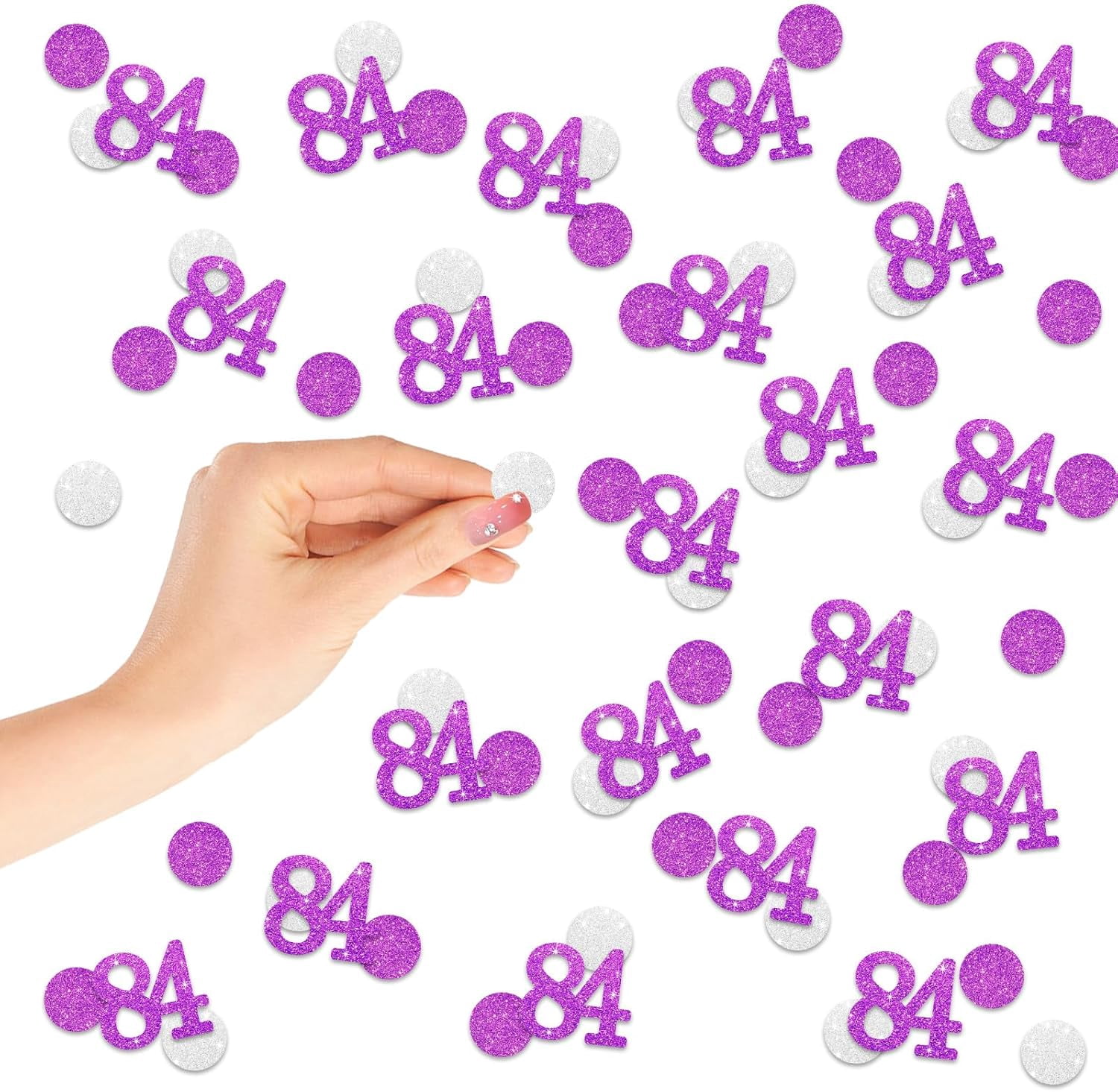 84th Birthday Confetti, 100Pcs Purple Glitter Number 84 & Silver Dot ...