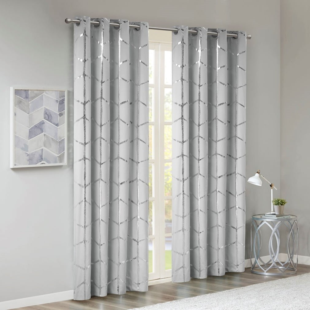 84x50 Inches Metallic Print Geometric Curtain Panel with Top Silver ...