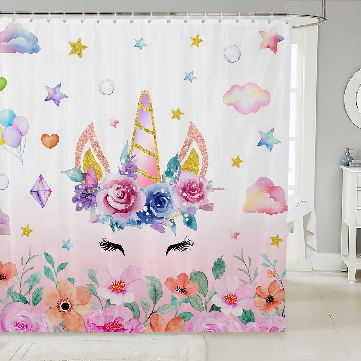 84x72 inch Flower Girls Unicorn Shower Curtain,Cartoon Kids Unicorn ...