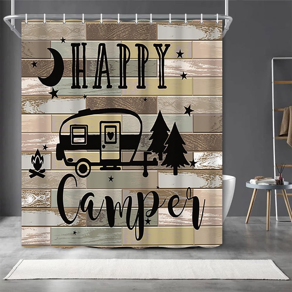 84x72inch Happy Camper RV Shower Curtain for Travel Trailers Vintage ...