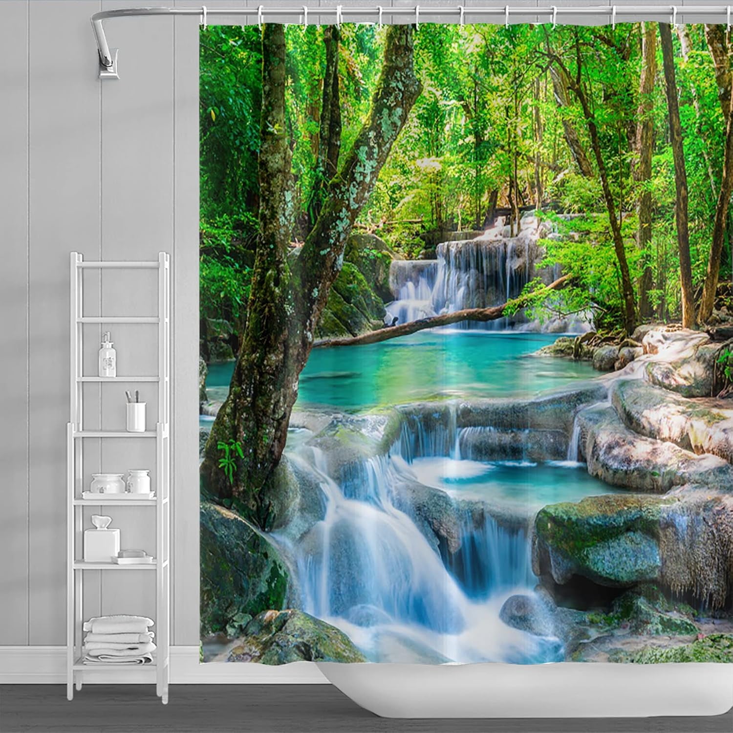 84x72inch Waterfall Shower Curtain Tropic Landscape Stream Flowing Over ...