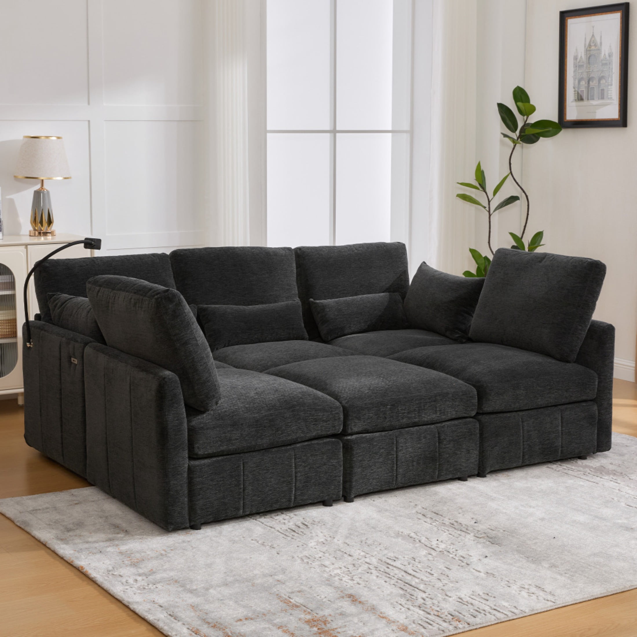 85.4" Black Cloud Sectional Couch, Modern Modular U-Shaped Sofa with ...