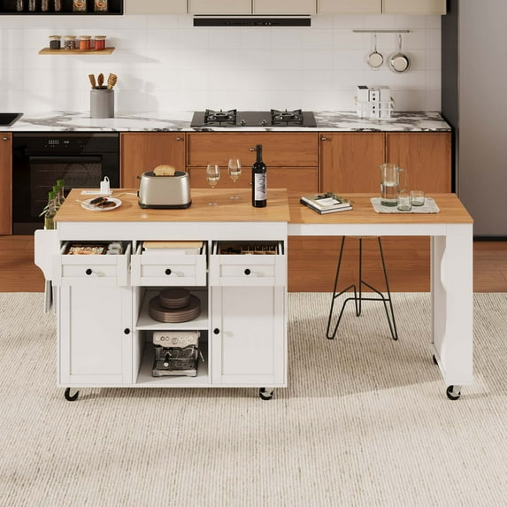 85.5 Inch Kitchen Island with Extendable Dining Table, Rolling Kitchen ...