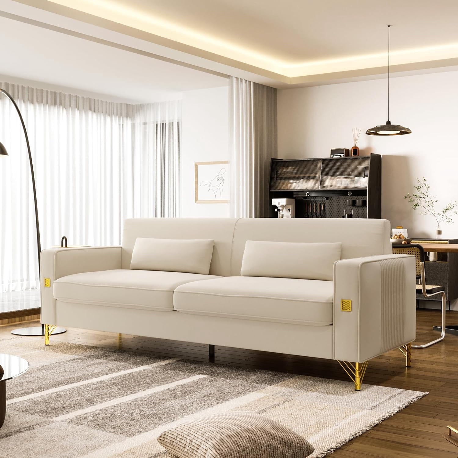 85.63'' Mid-Century Modern Beige Velvet Sofa Couch with Metal Gold Legs ...