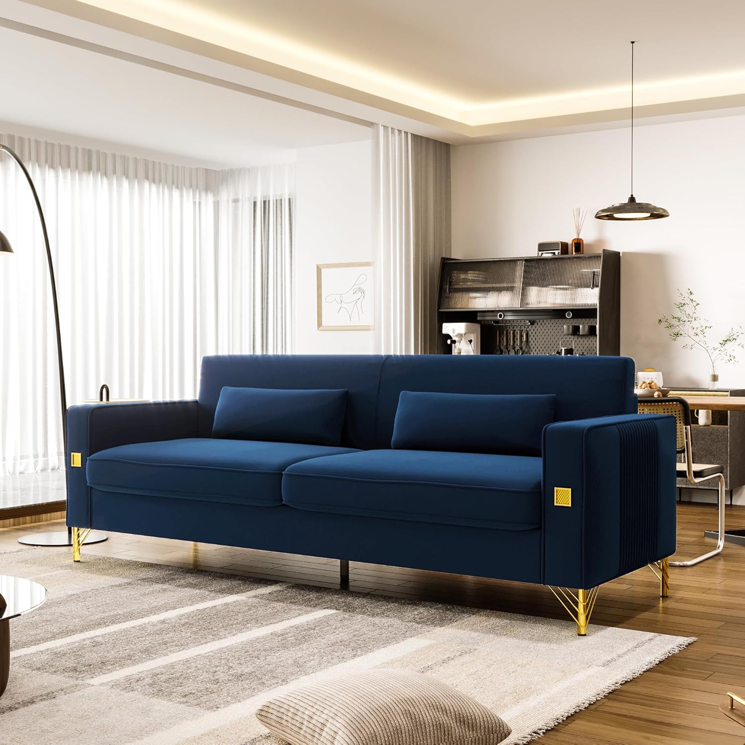 85.63'' Mid-Century Modern Blue Velvet Sofa Couch with Metal Gold Legs ...