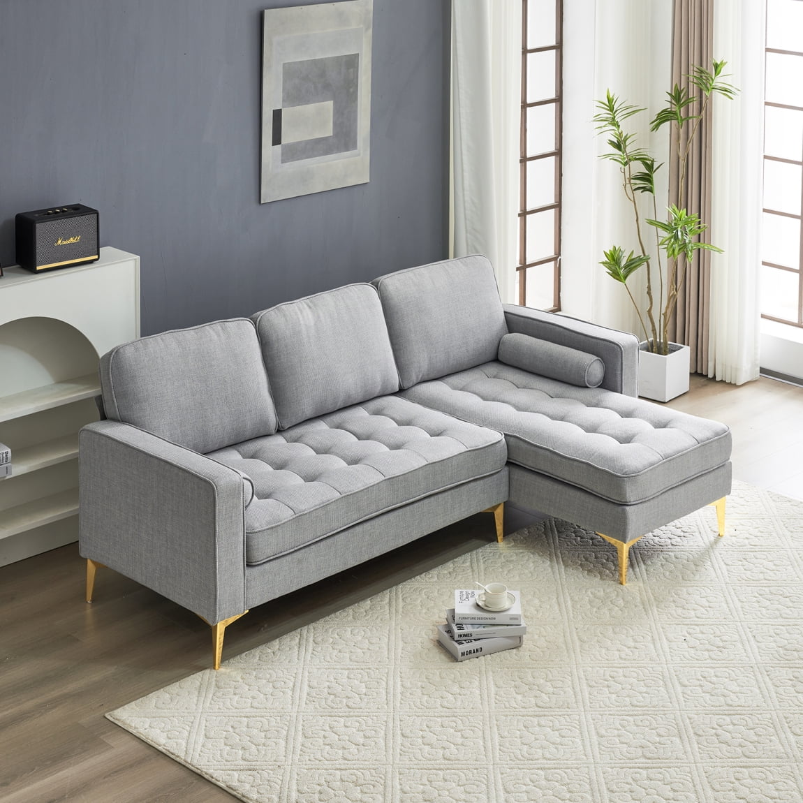 85.8" 3-Seat Sectional Couch, Burlap Sectional Sofa with Chaise Lounge ...