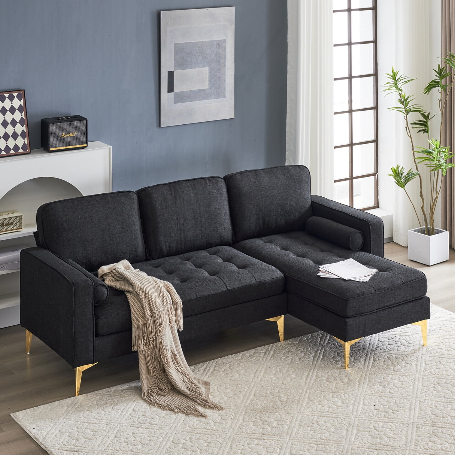 85.8" 3-Seat Sectional Sofa Couch with Chaise Lounge, Linen Fabric L ...