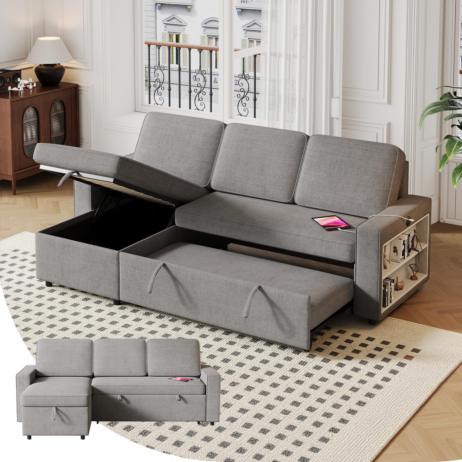 85.8" L-Shaped Couch Convertible with Storage Racks & USB Ports, Pull ...