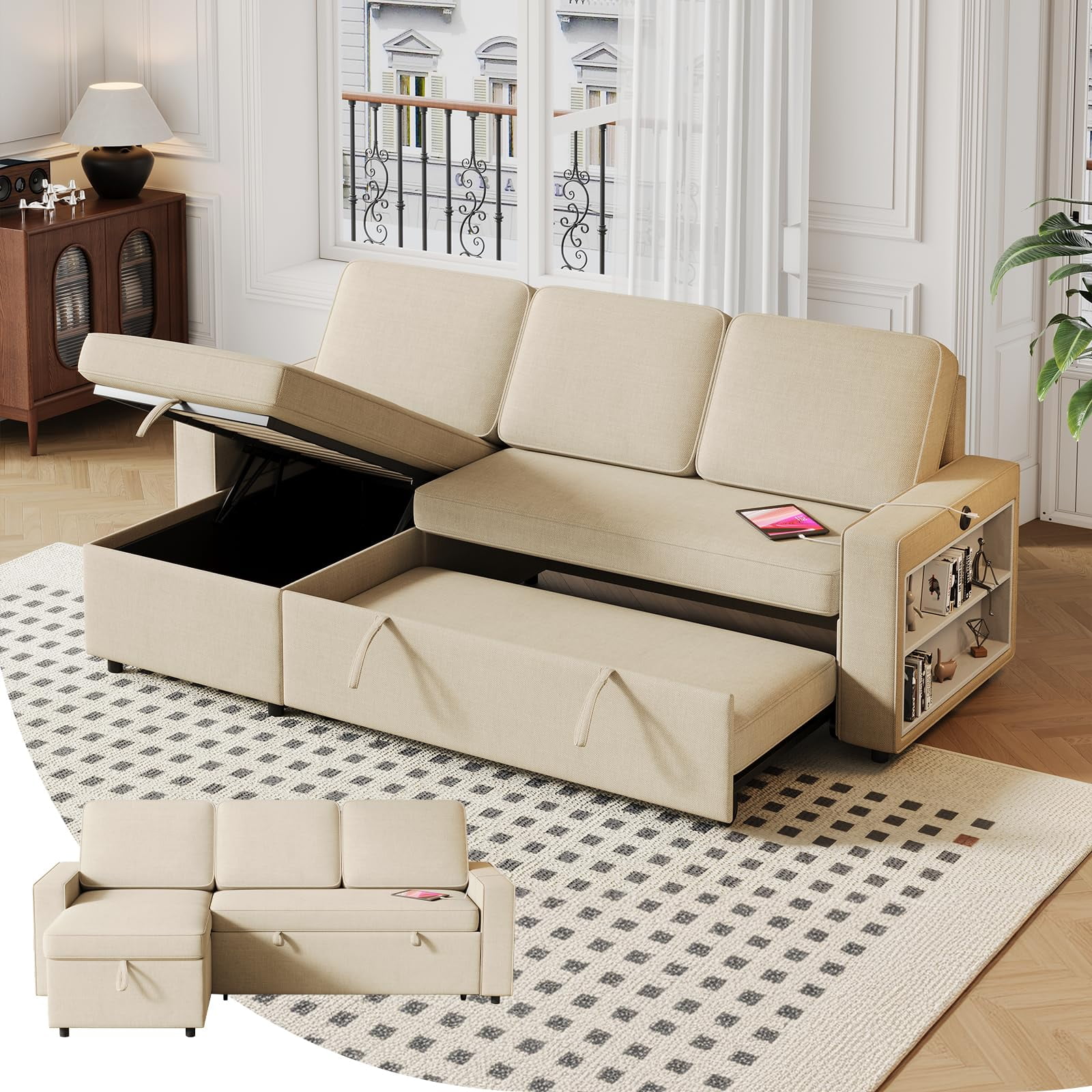 85.8" L-Shaped Couch Convertible with Storage Racks & USB Ports, Pull ...