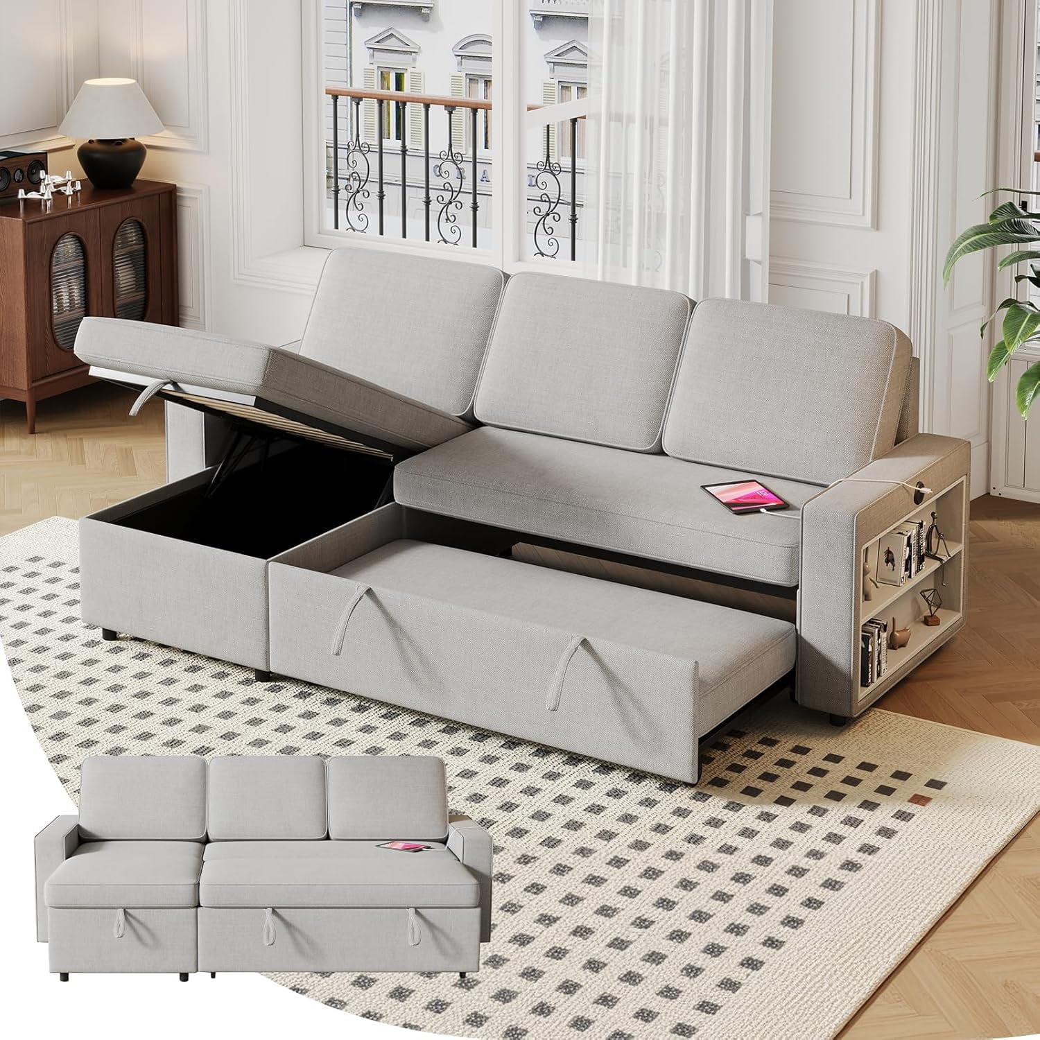 85.8" L-Shaped Couch Convertible with Storage Racks & USB Ports, Pull ...