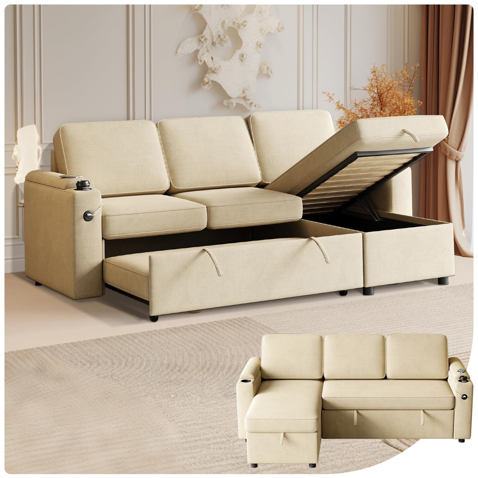 85.8"L Shaped Sleeper Sofa Couch,Polyester Pull Out Couch, Sleeper ...